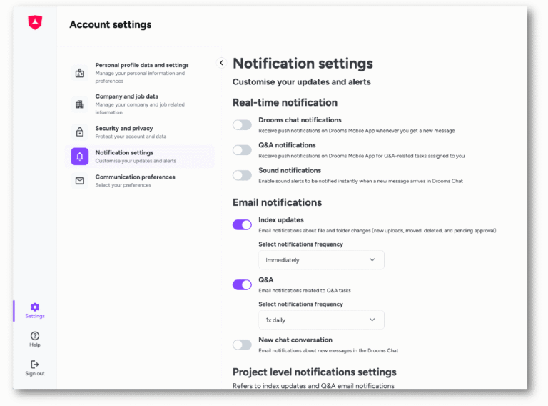 Editing Personal Notifications Settings | Drooms Helpcentre